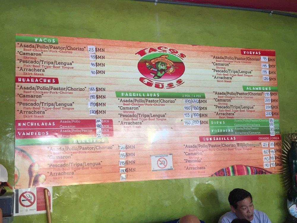 Menu at Guss Tacos restaurant, Cabo San Lucas, Blvd Lazaro Cardenas ...