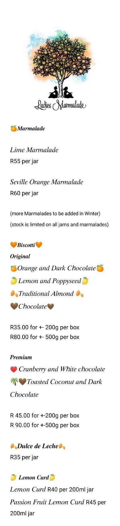 Menu at Ladies Marmalade, Johannesburg