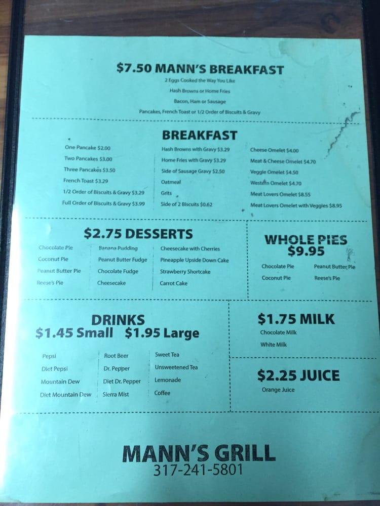Menu at Mann's Grill restaurant, Indianapolis