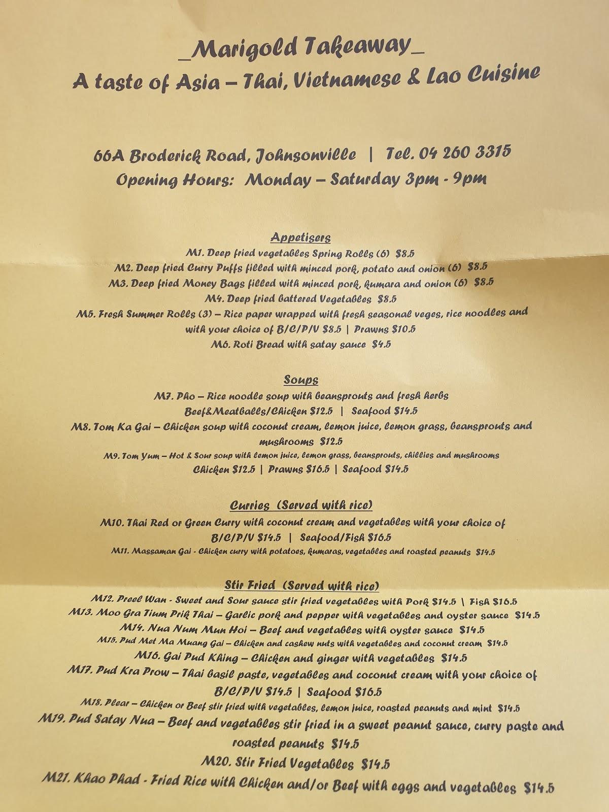 Menu at Marigold Takeaway restaurant, Wellington