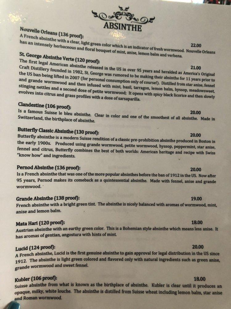 Carta del pub y bar Old Absinthe House, Nueva Orleans, 240 Bourbon St