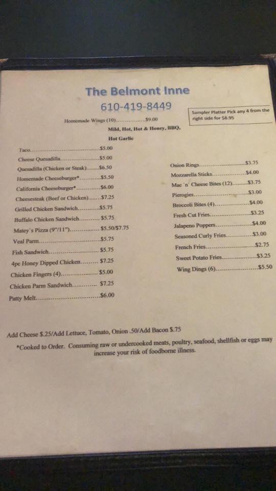 Menu at Old Belmont Inne pub & bar, Bethlehem