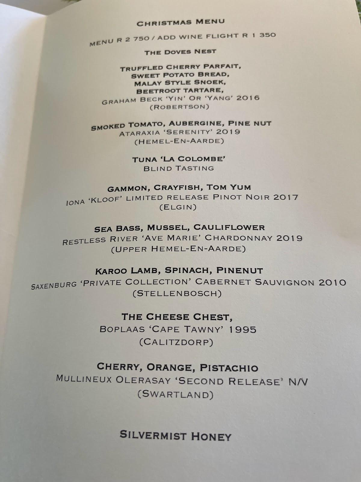 Speisekarte von La Colombe Restaurant, Kapstadt, Silvermist Wine Estate