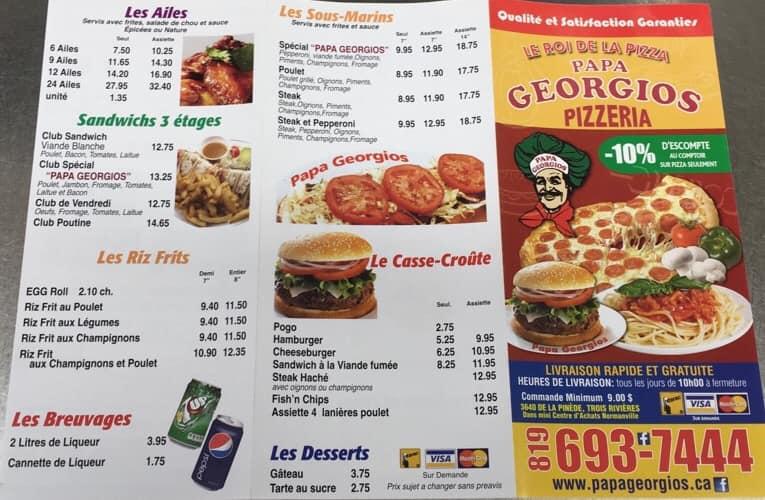Menu at Papa Georgios restaurant, Trois-Rivières