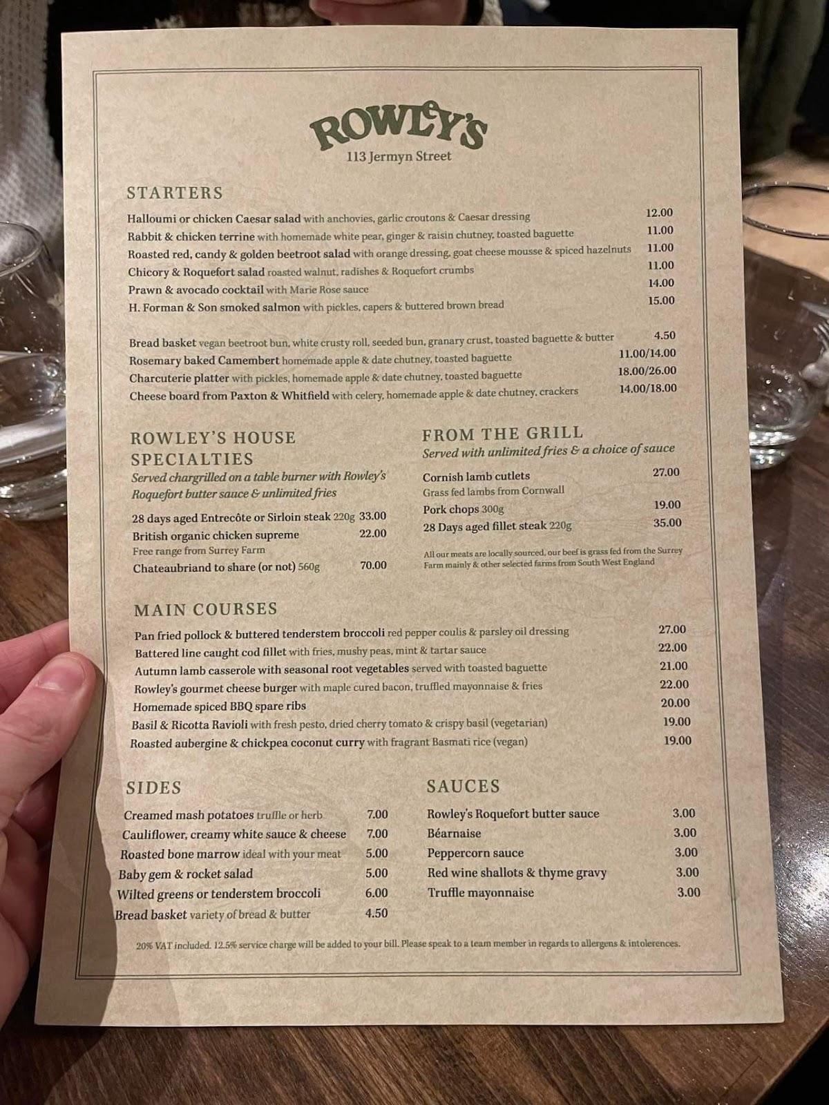 Menu at Rowley's Restaurant, London
