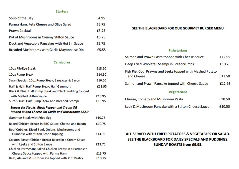 Menu at The White Swan pub & bar, Sileby