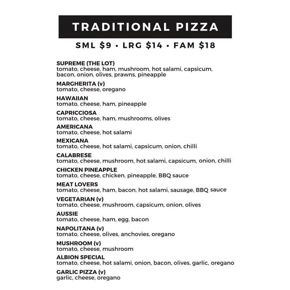 Menu at Albion Pizza restaurant, Brunswick West