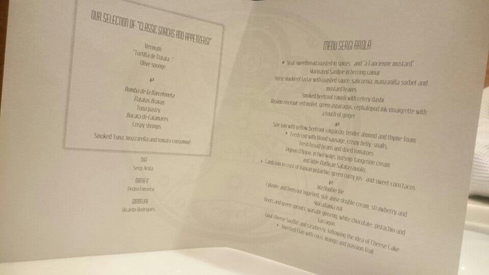 Menu at Arola restaurant, Sintra, Quinta da Lagoa Azul