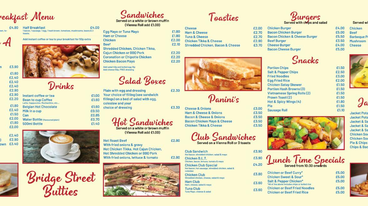 Menu at Bridge Street Butties cafe, Bury