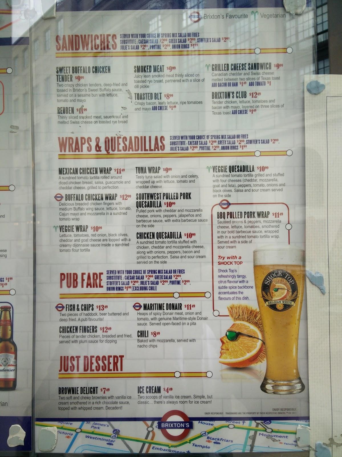 Menu at Brixton's British Pub, Ottawa