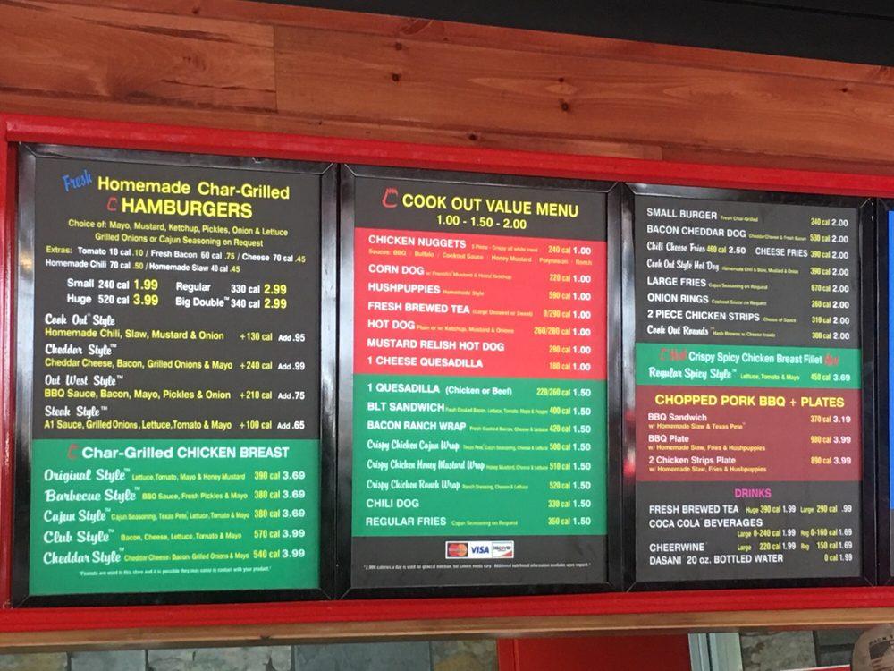 Menu at Cook Out fast food, Boiling Springs