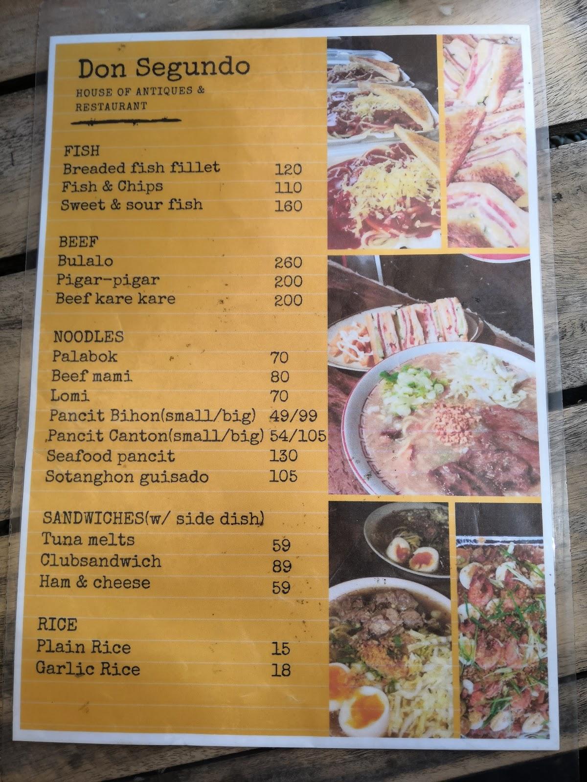 Menu at Don Segundo House of Antiques and Restaurant, Luna