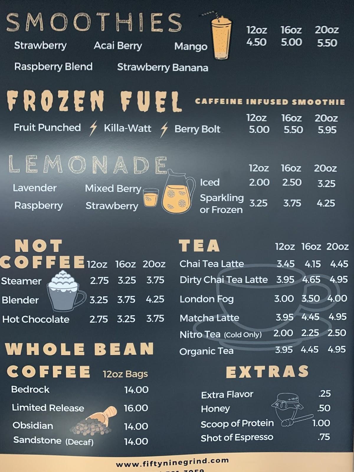 Menu at Fifty-Nine Grind, Cherokee