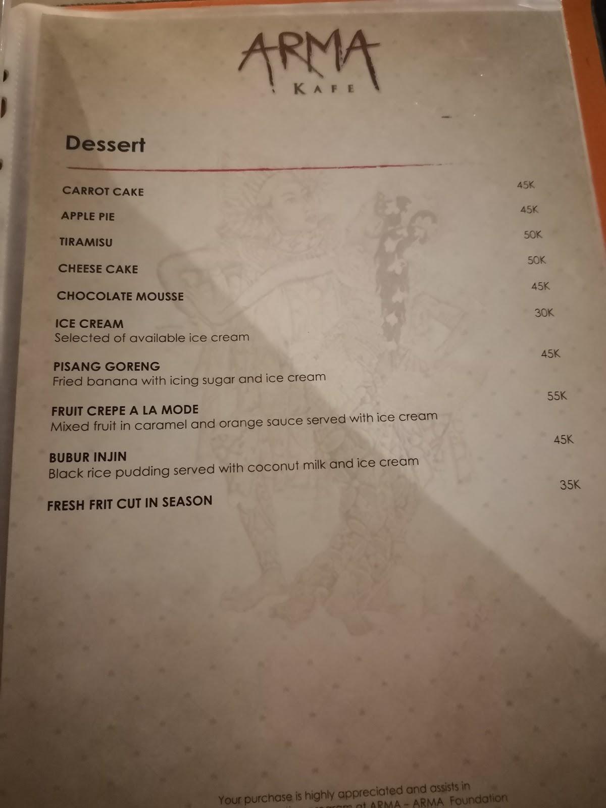 Menu at Kafe Arma cafe, Ubud, Arma Museum & Resort