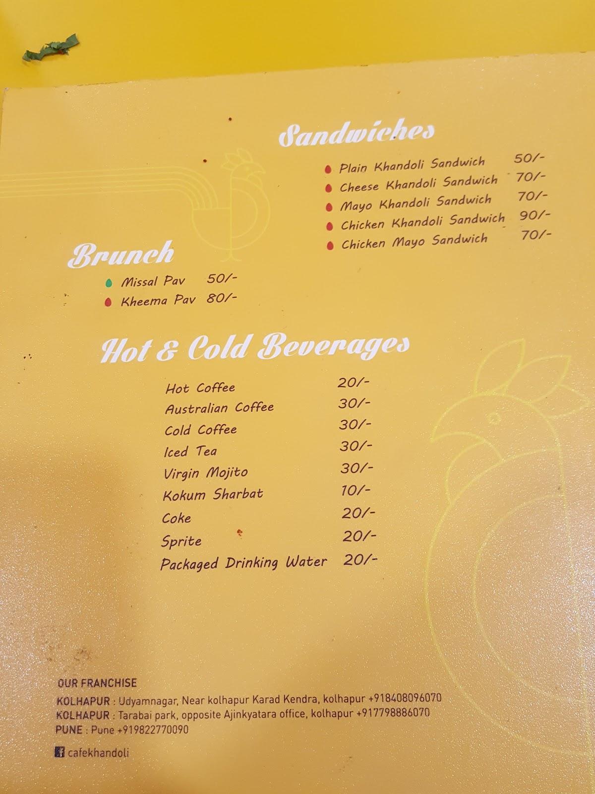 Menu at Khandoli, Nitin's Canteen, Kolhapur