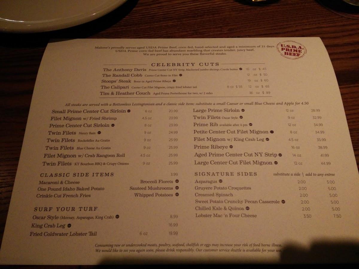 Menu at Malone's Hamburg restaurant, Lexington, Pleasant Ridge Dr