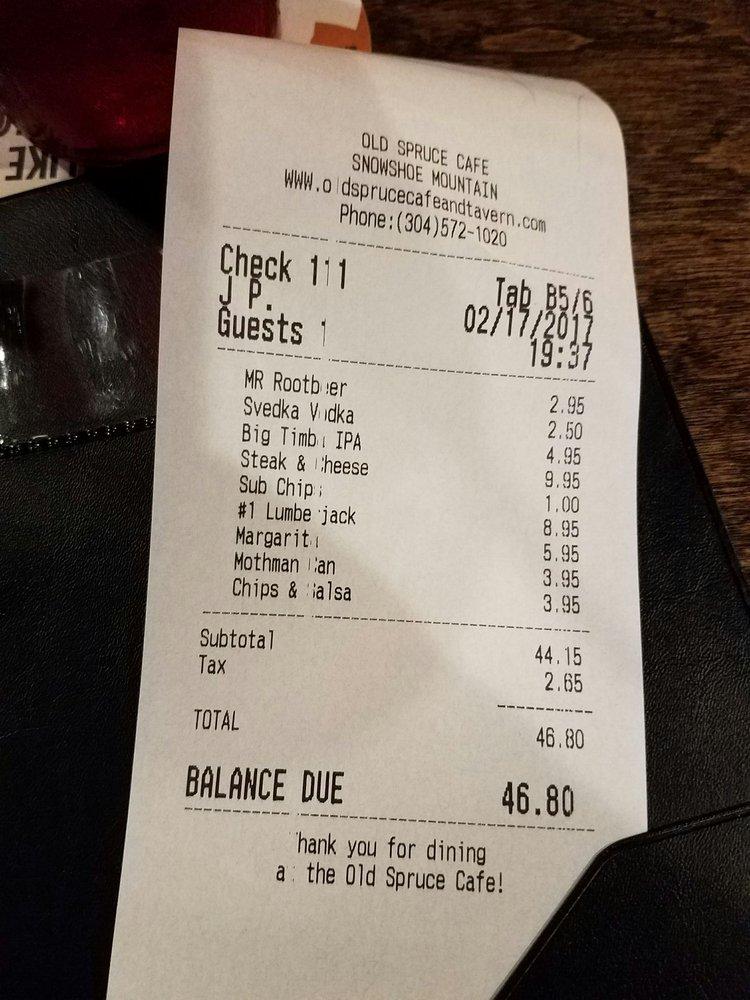 Menu at Old Spruce Tavern pub & bar, Snowshoe