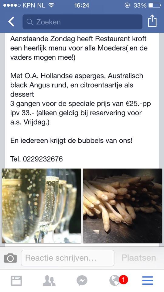 Menu at Restaurant Kroft, Hoorn