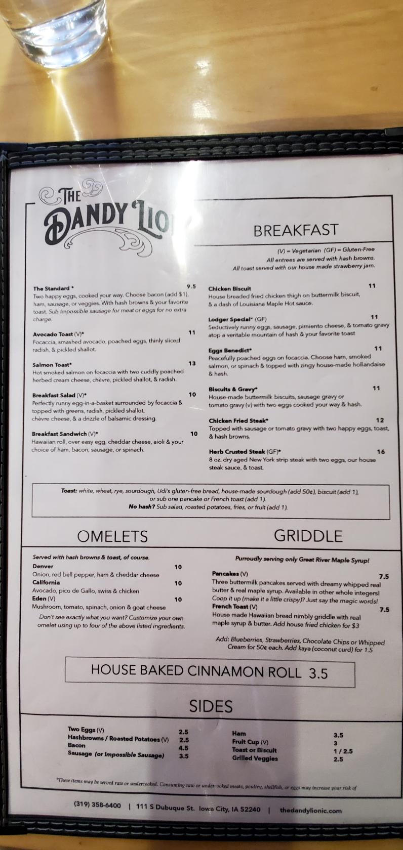 Carta del restaurante The Dandy Lion, Iowa City