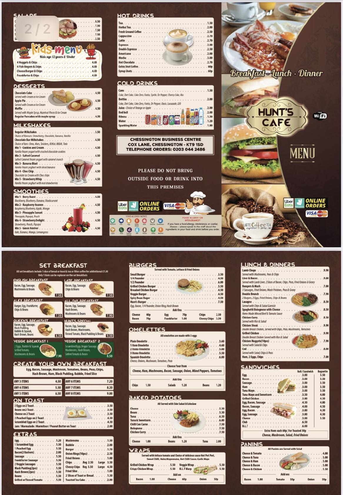 Menu at Hunt's Cafe, Chessington, chessington Business Centre