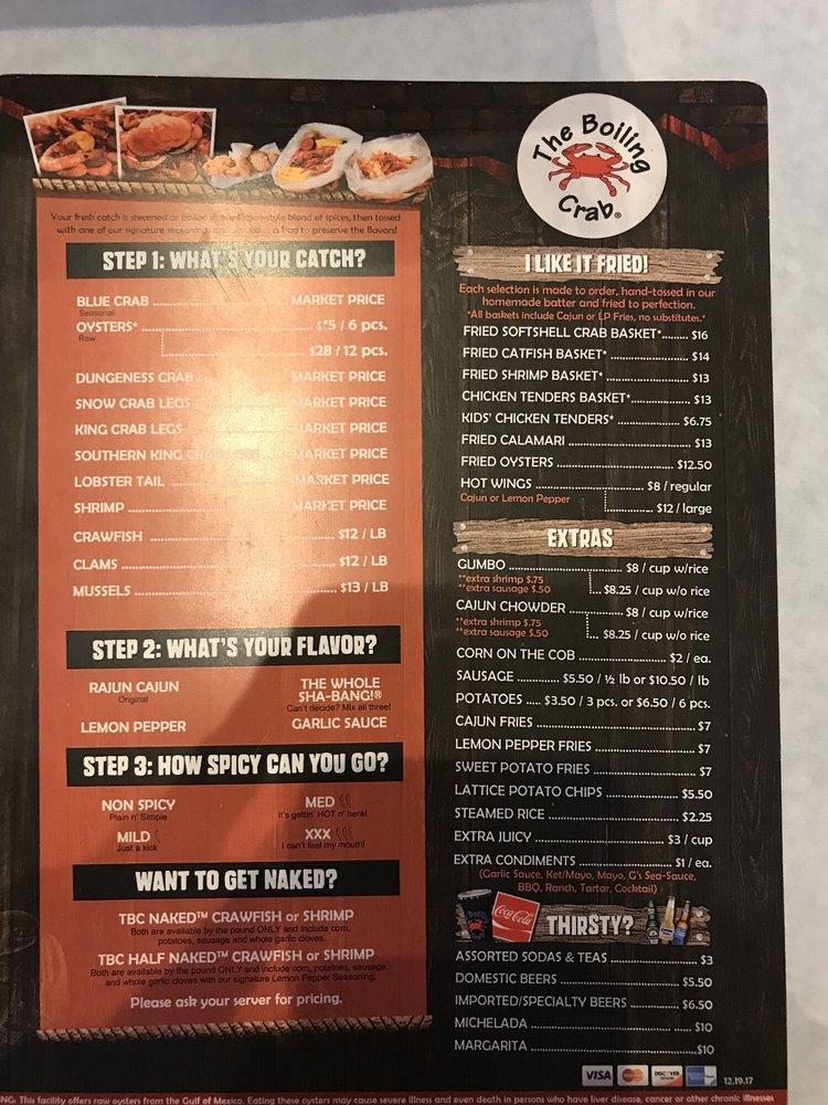 Menu at The Boiling Crab restaurant, Honolulu