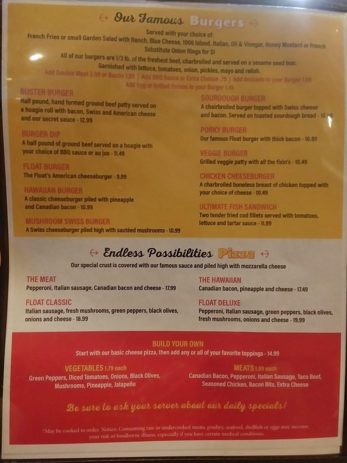 Menu at The Float restaurant, Gig Harbor