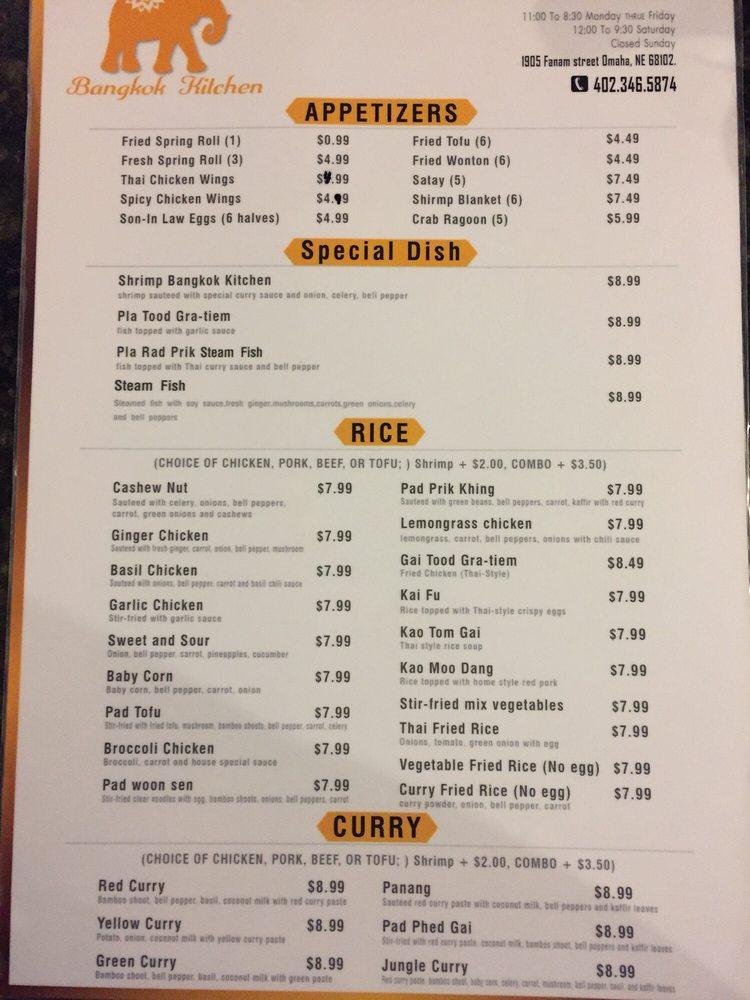 Menu at Bangkok Kitchen restaurant, Omaha