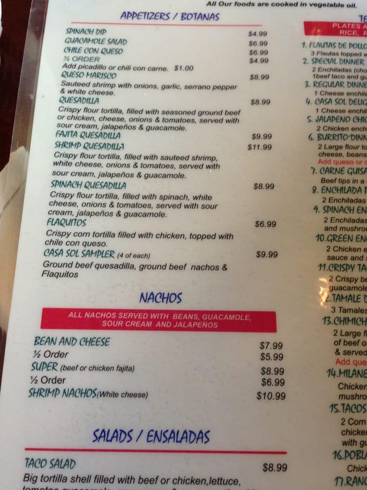 Menu at Casa Sol Mexican Restaurant, San Antonio, San Pedro Ave