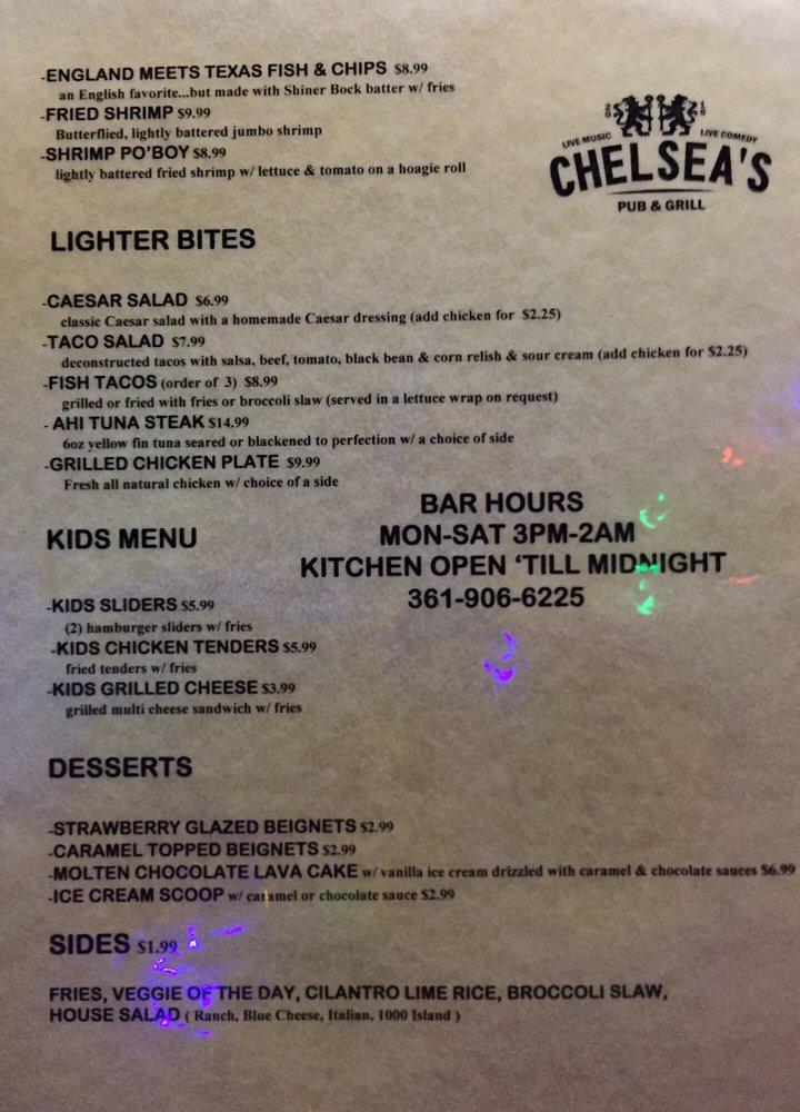Menu at Chelsea Pub And Grill, Corpus Christi