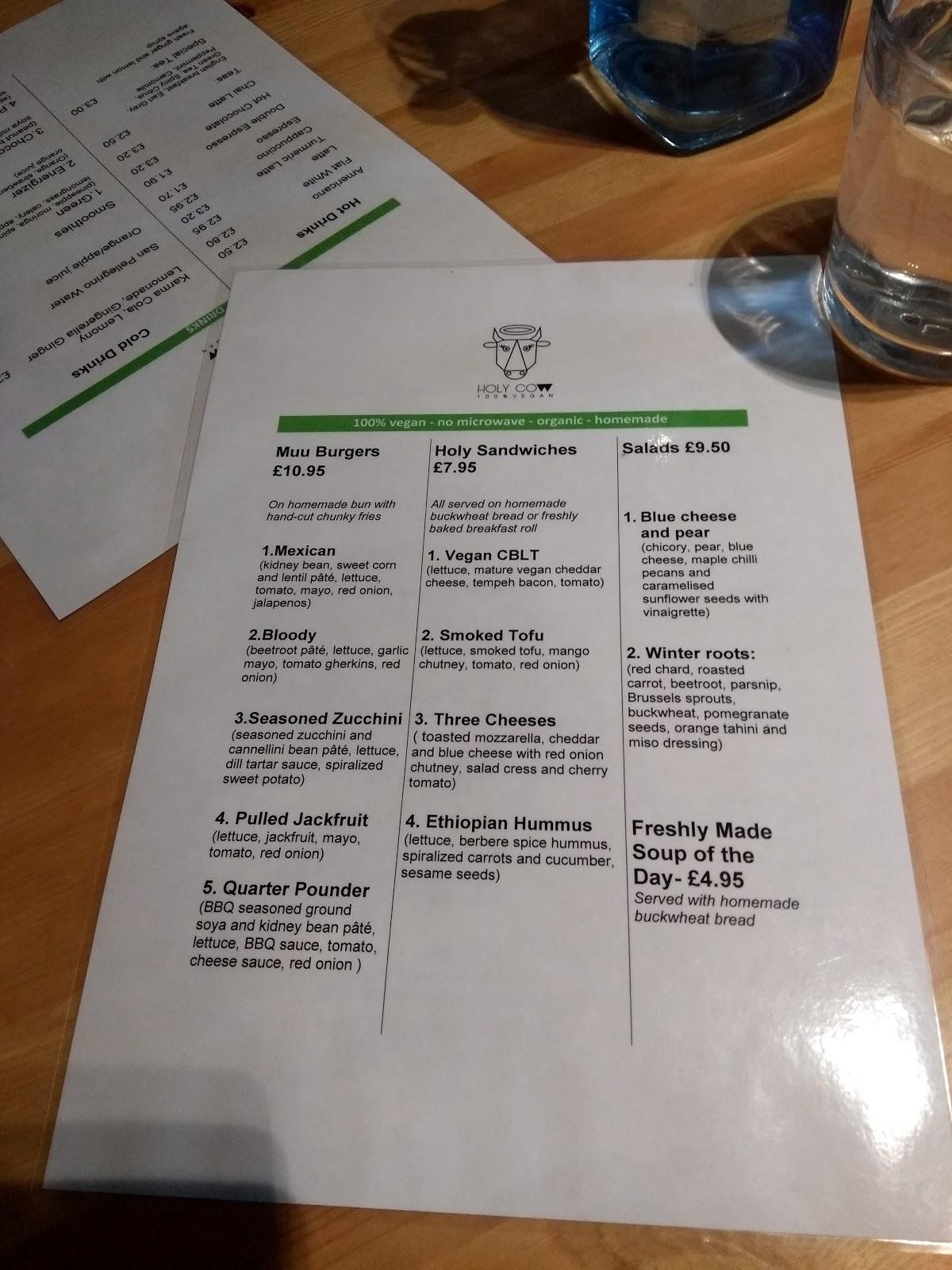 Menu at Holy Cow pub & bar, Edinburgh