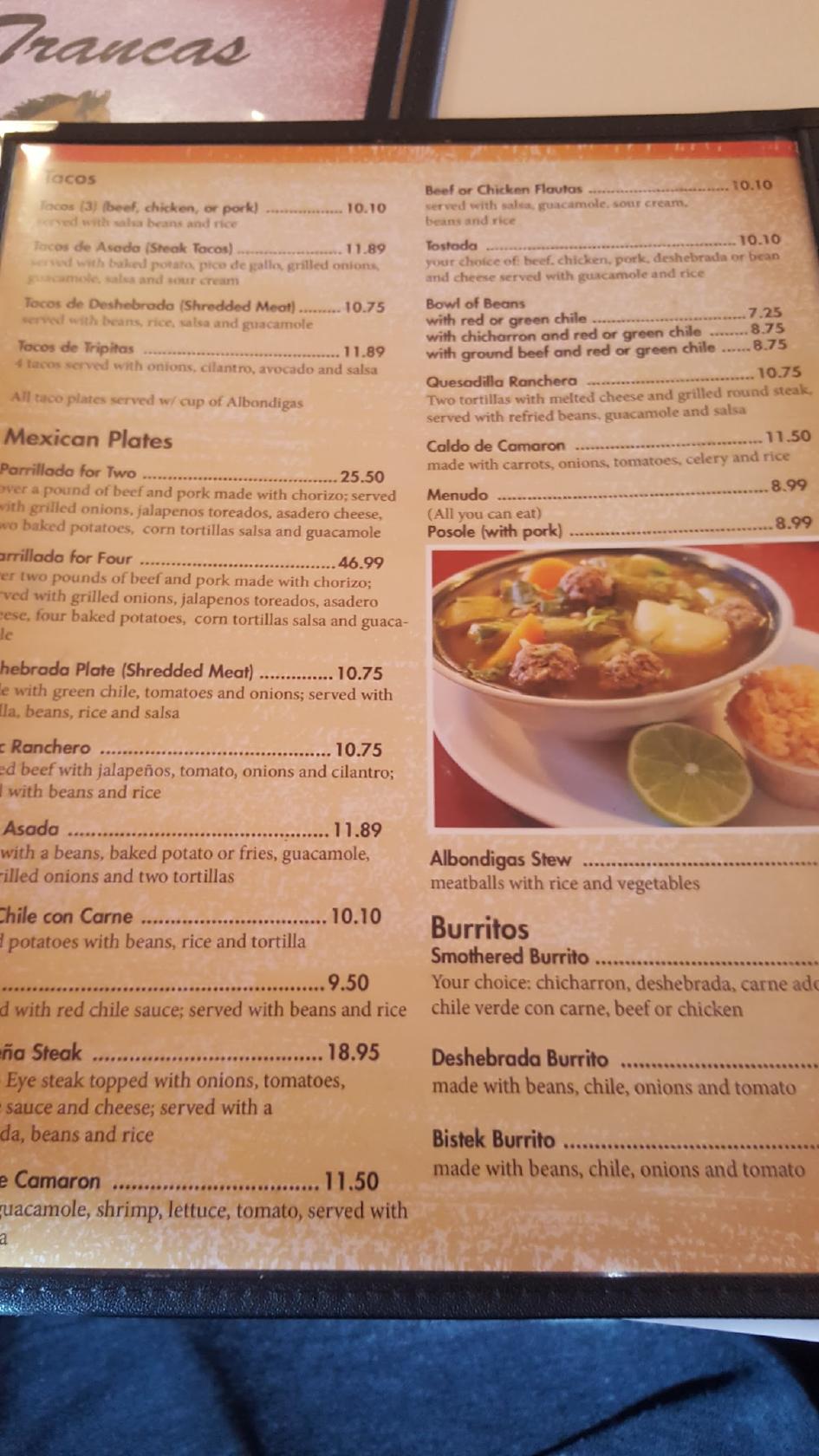 Menu at Las Trancas restaurant, Las Cruces