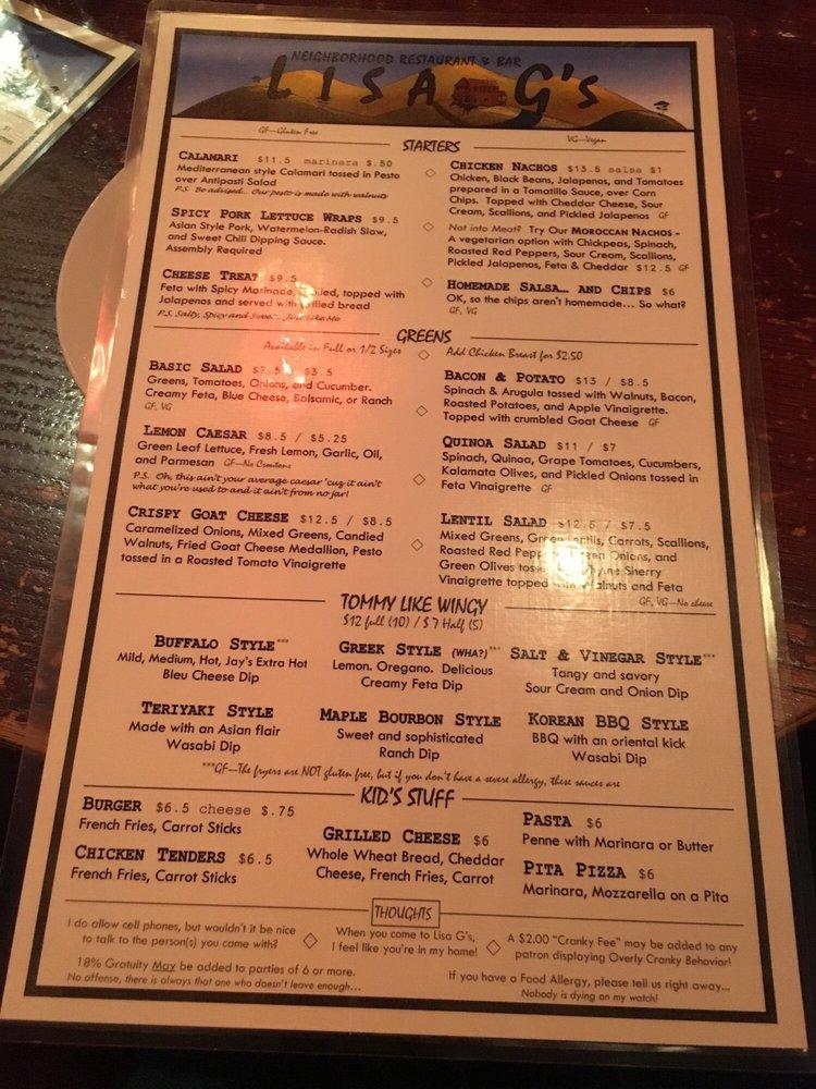 Menu at Lisa G's restaurant, Lake Placid