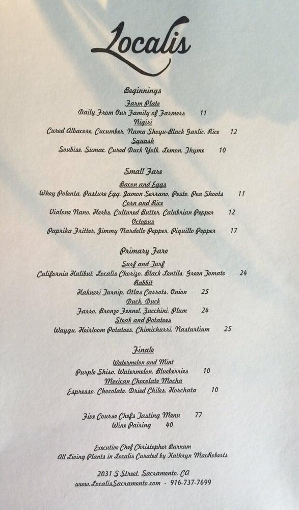 Menu at Localis restaurant, Sacramento