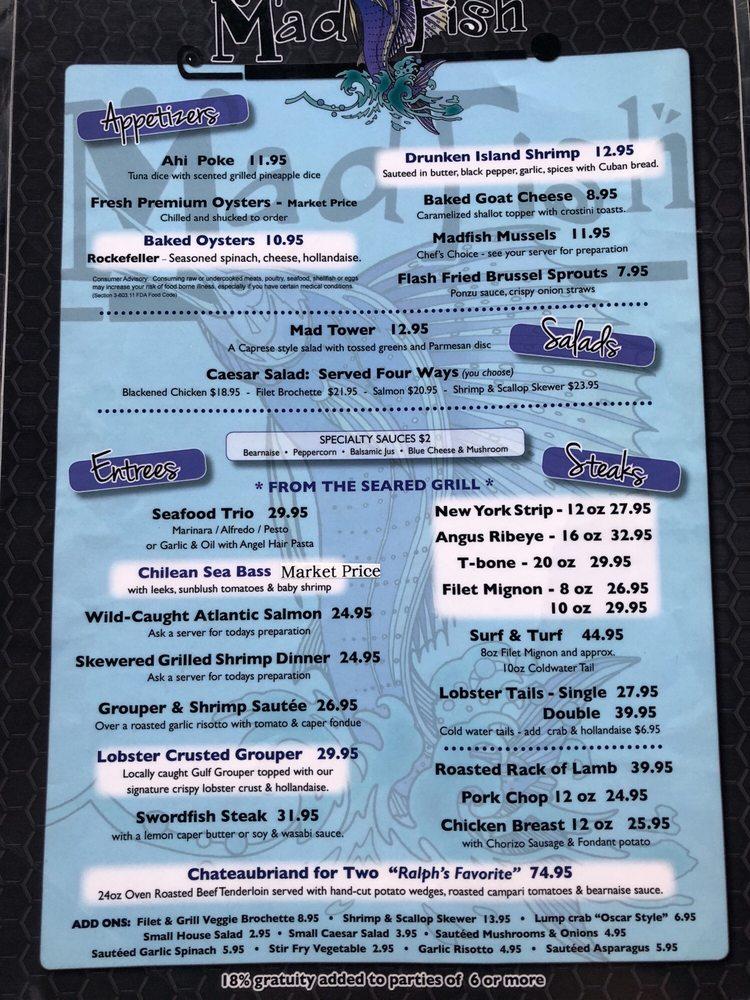 Menu at Mad Fish steakhouse, Saint Pete Beach