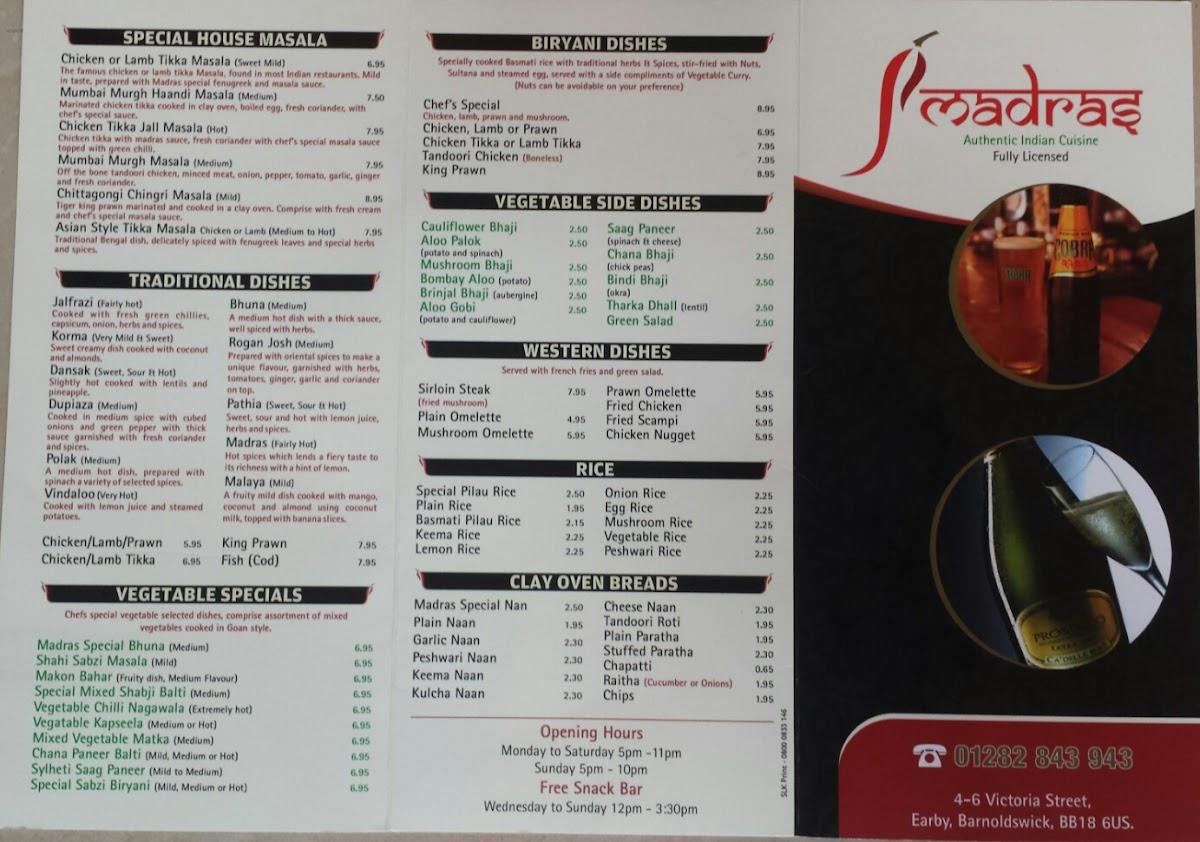 Menu at Madras Authentic Indian Cuisine restaurant, Earby