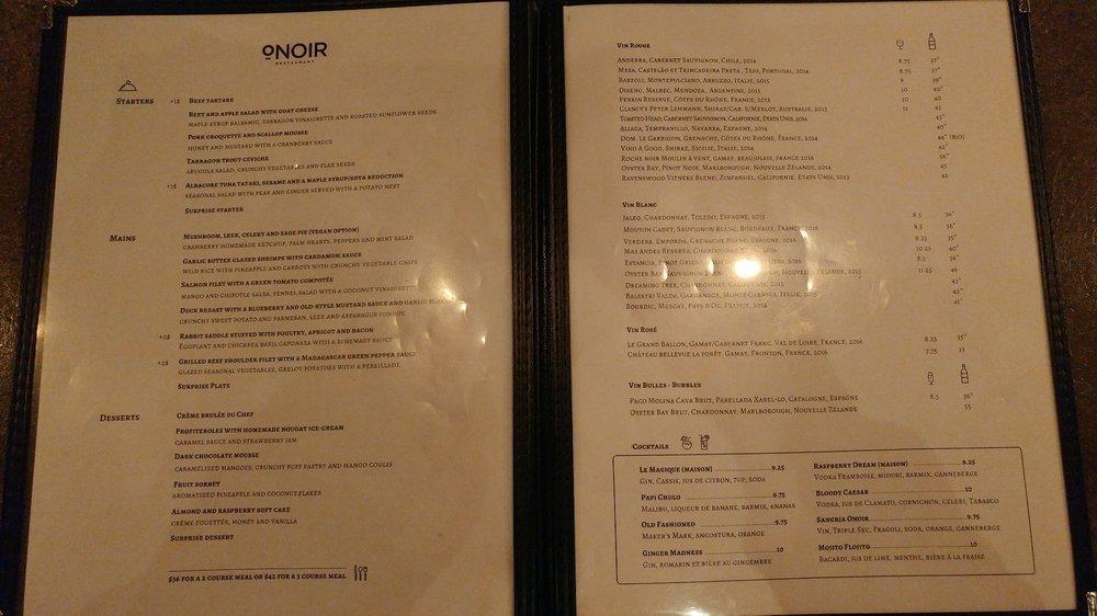 Menu at O.Noir pub & bar, Montréal