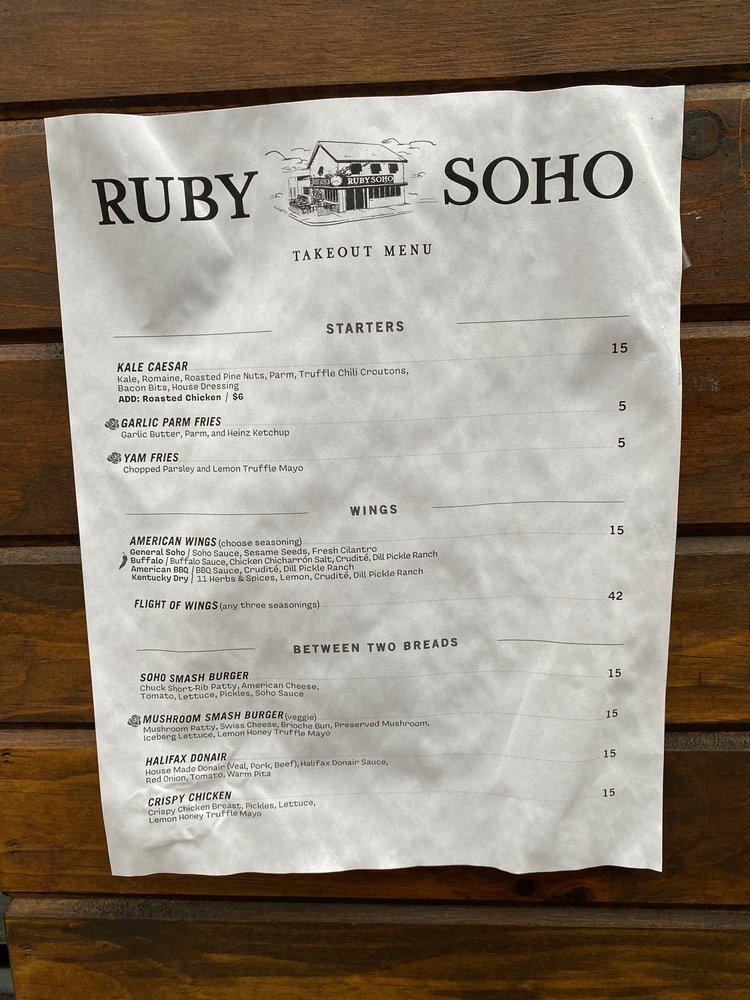 Menu at Ruby Soho pub & bar, Toronto