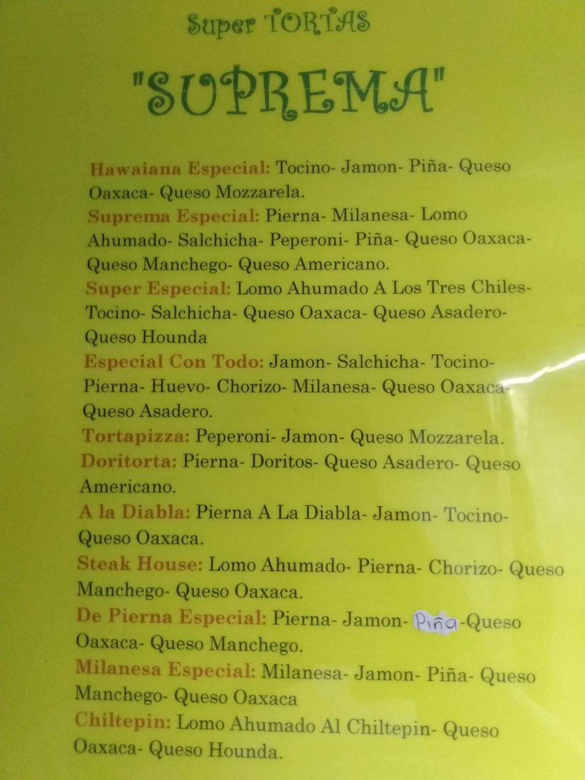Menu at Tortas y Tacos Suprema restaurant, Reynosa