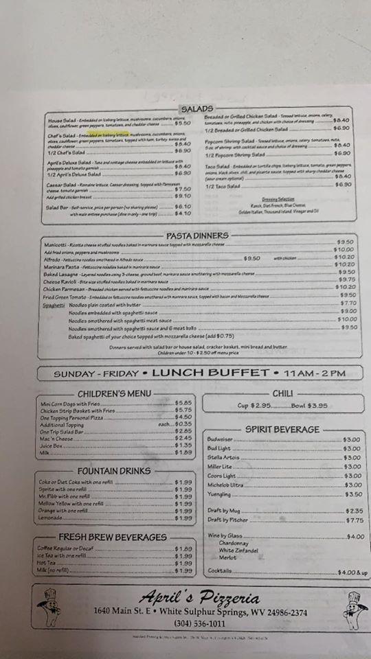 Menu at April's Pizzeria, White Sulphur Springs, 705 Main St E