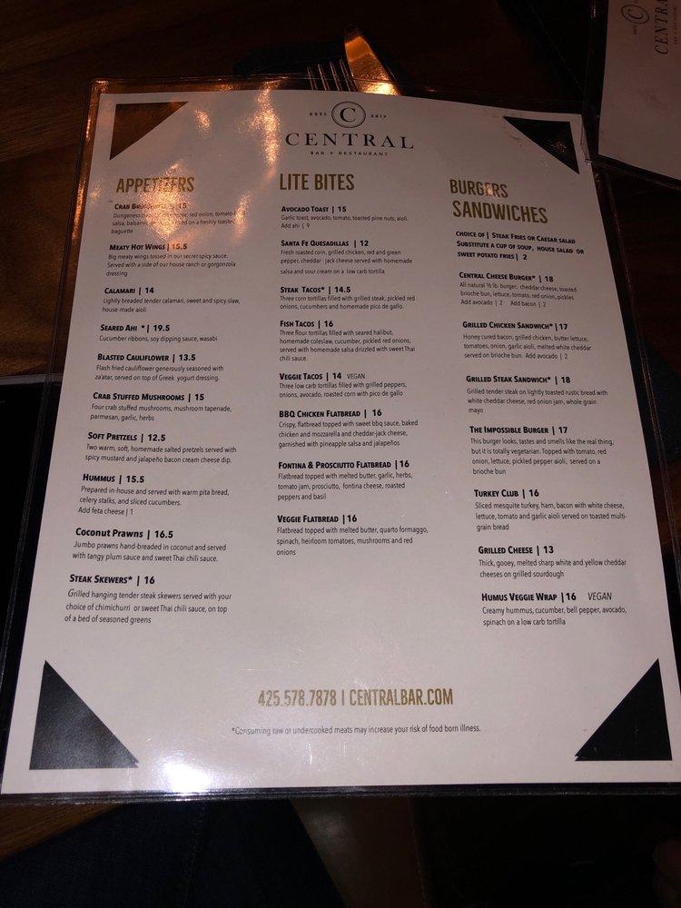 Menu at Central Bar + Restaurant, Bellevue
