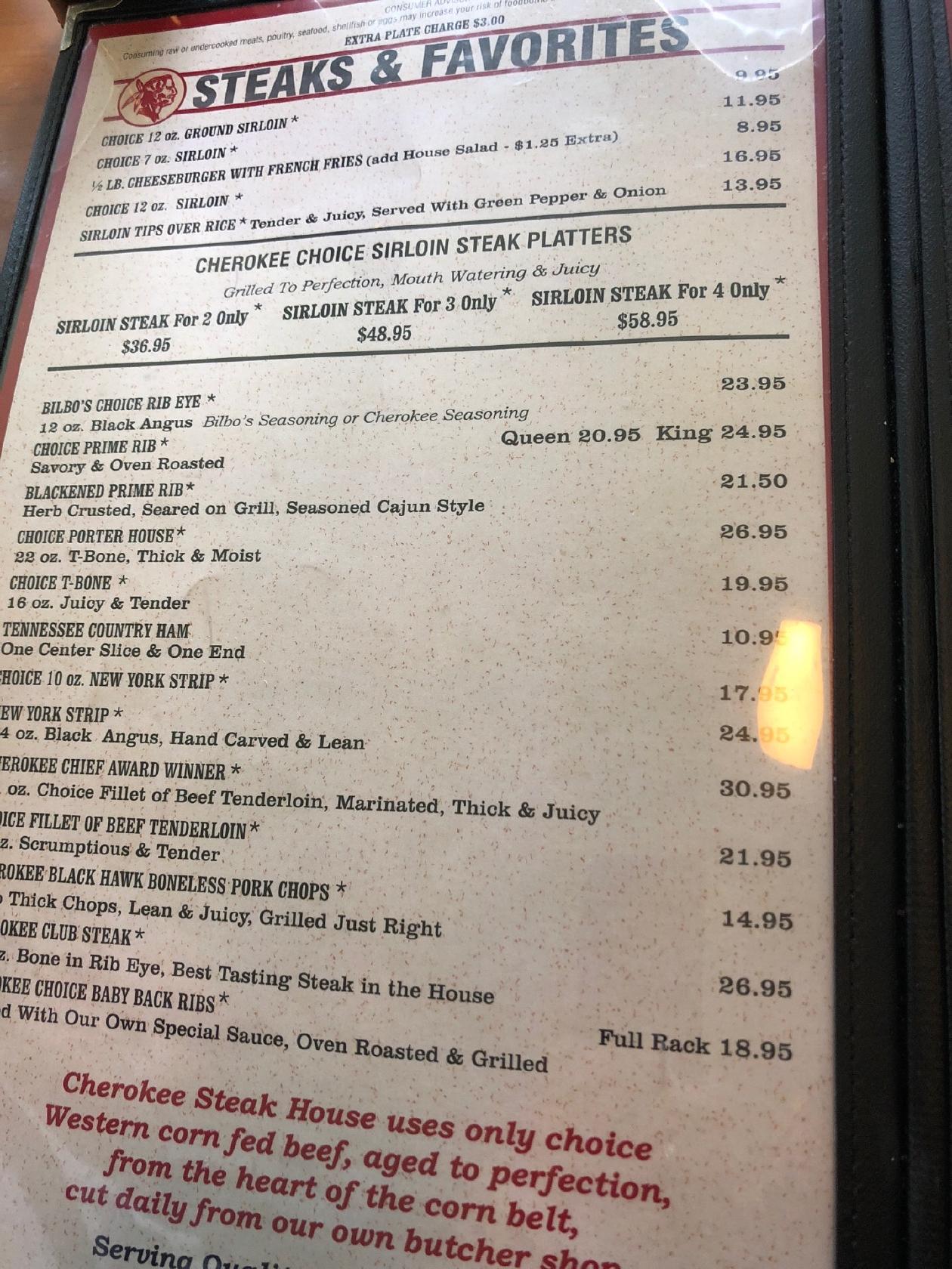 Menu at Cherokee Steak House steakhouse, Memphis
