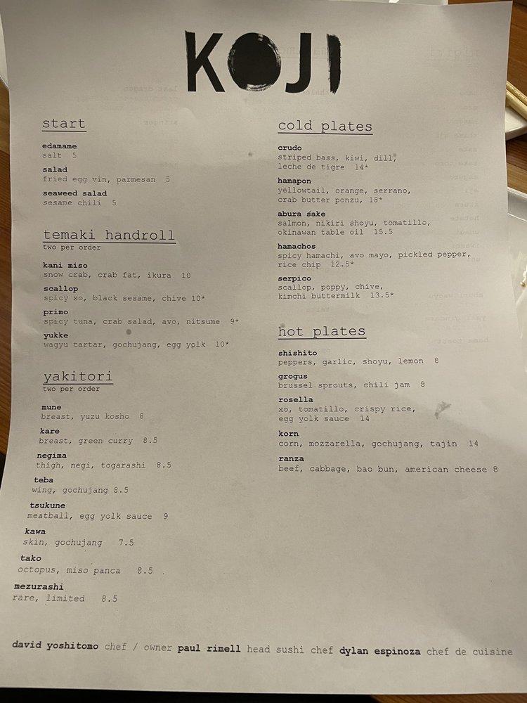 Menu at Koji restaurant, Omaha