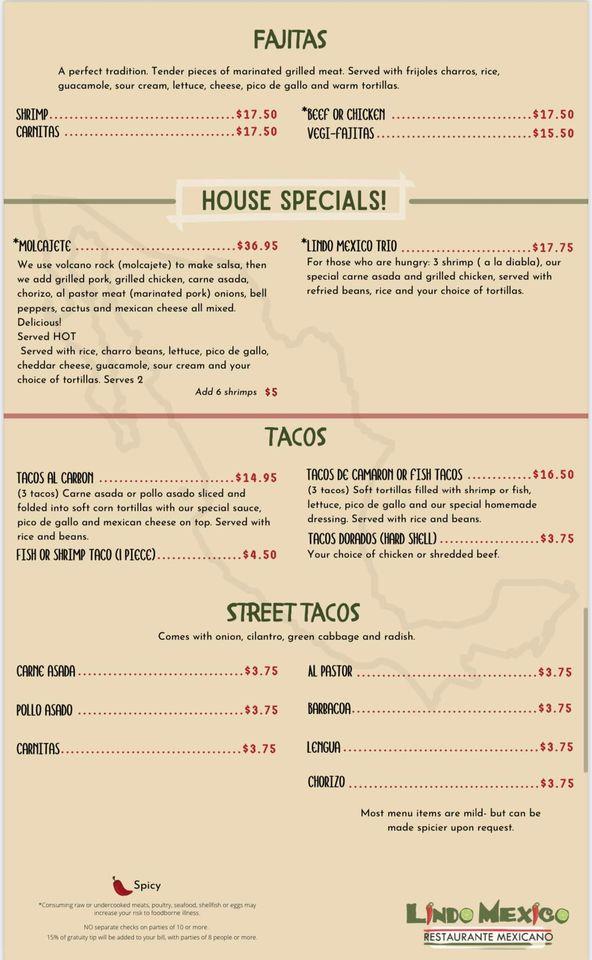 Menu at Lindo Mexico restaurant, Prescott, Gail Gardner Way #101