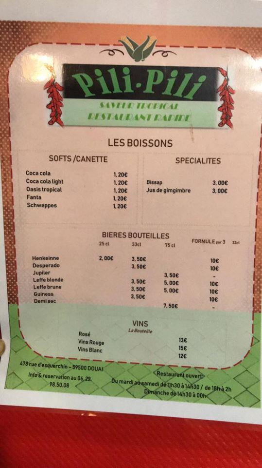 Menu at Pili Pili restaurant, Douai