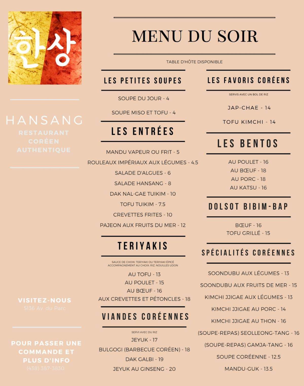 Menu at Restaurant Hansang, Montreal