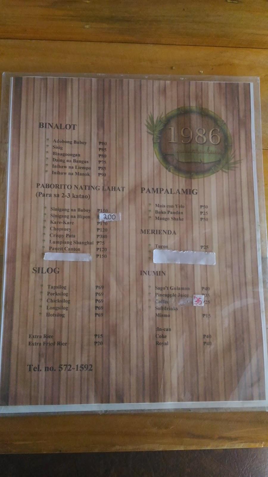 Menu at 1986 Native Filipino Dishes restaurant, San Pablo City, 173 Pan ...