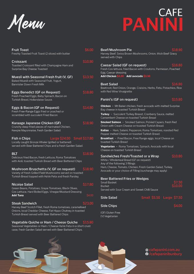 Menu at Café Panini cafe, South Bunbury