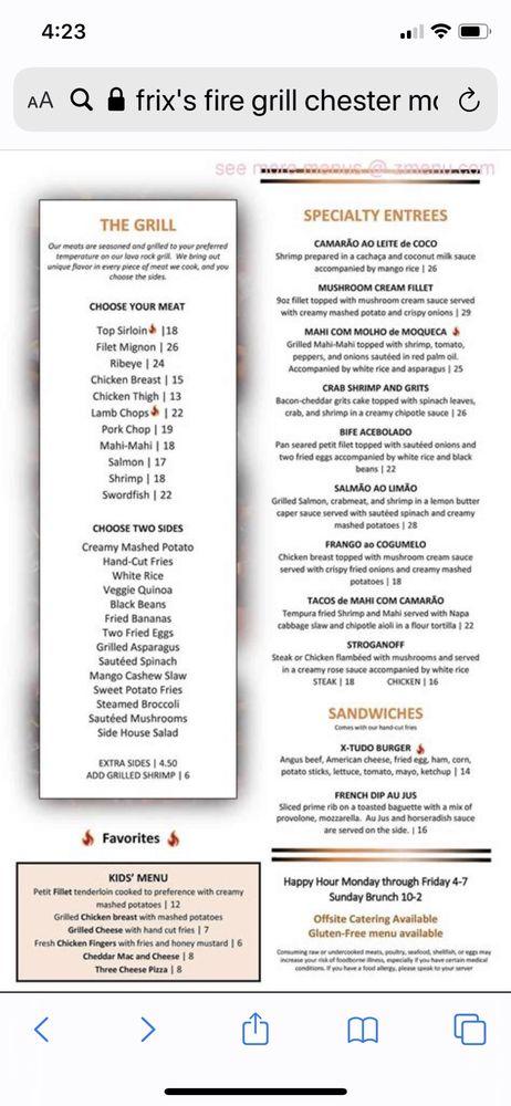 Menu at Frix's Fire Grill restaurant, Chester