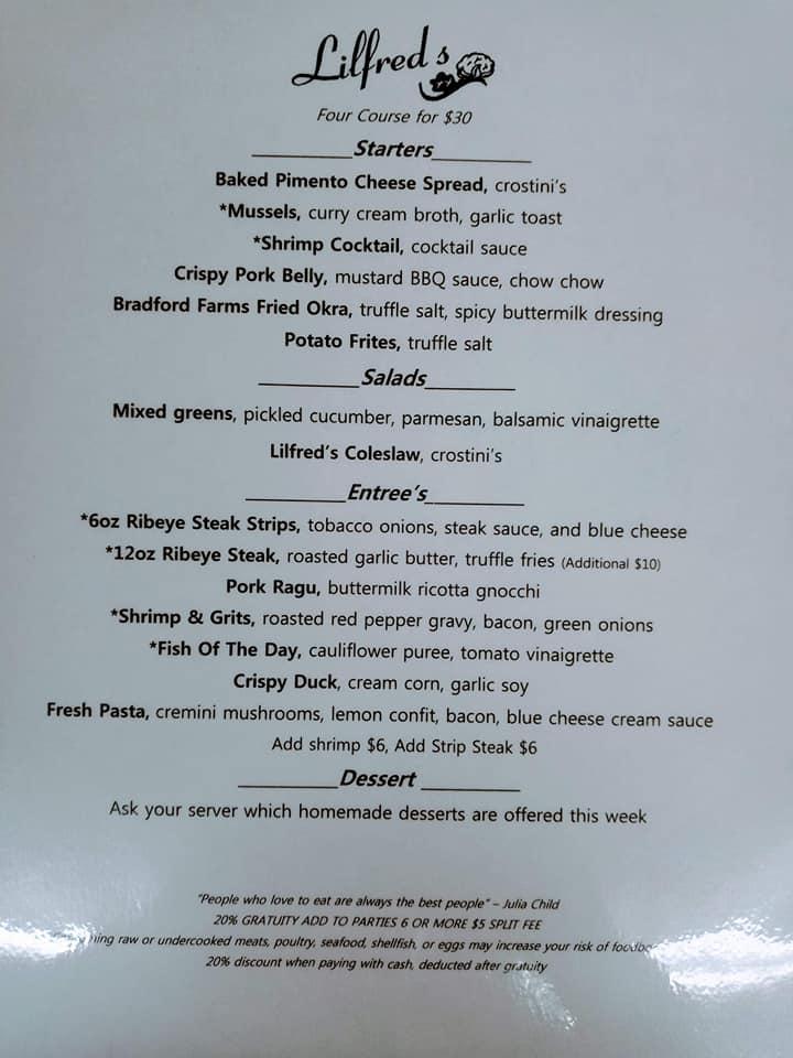 Menu at Lilfred's steakhouse, Rembert
