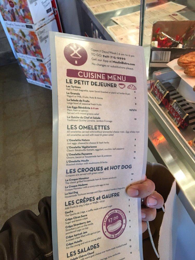 Menu at MOULIN cafe, Laguna Beach